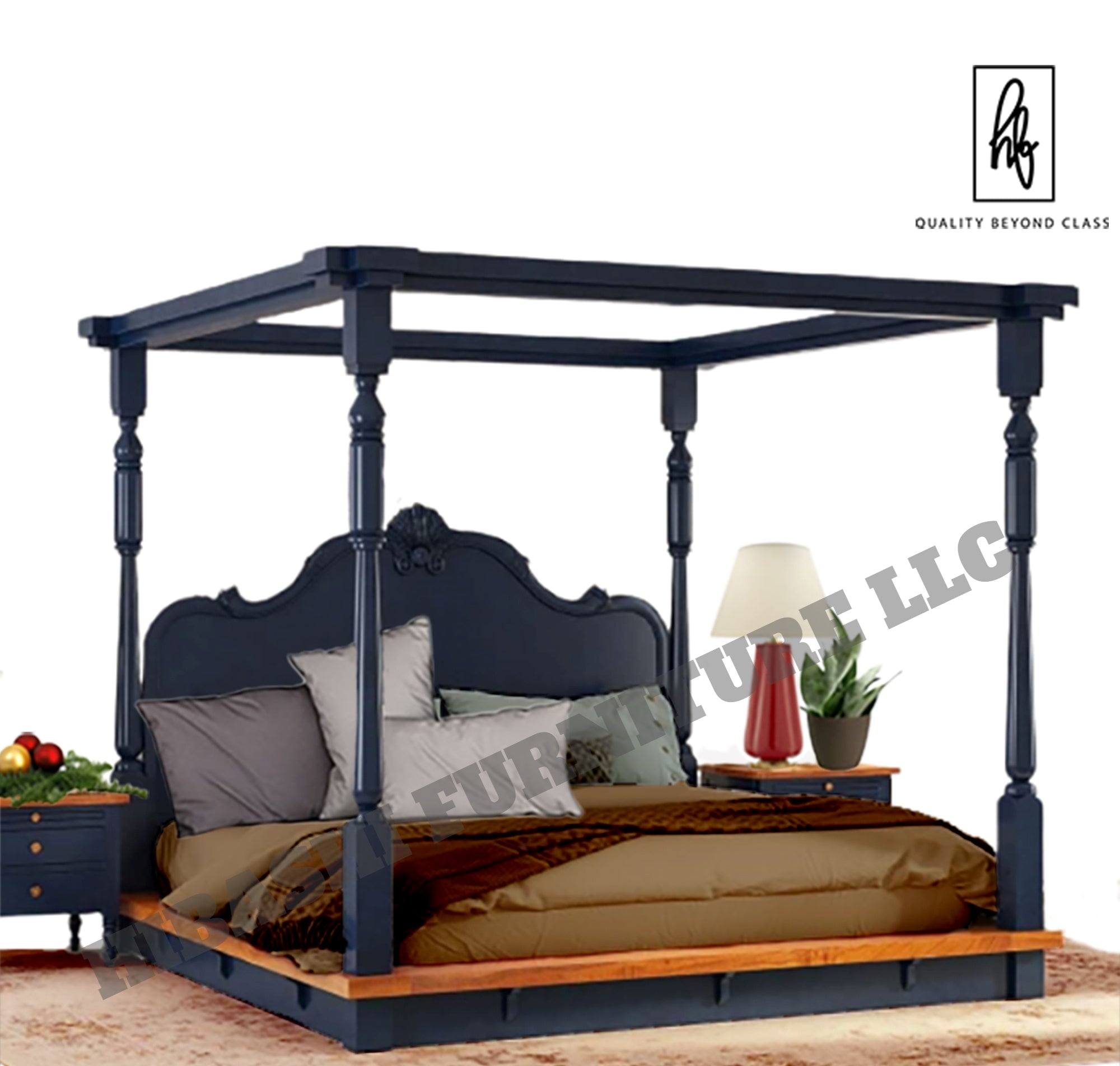 RECTO Two Tone Solid Wood Hand Carved Headboard Platform Canopy Bed – Furniture Home LLC